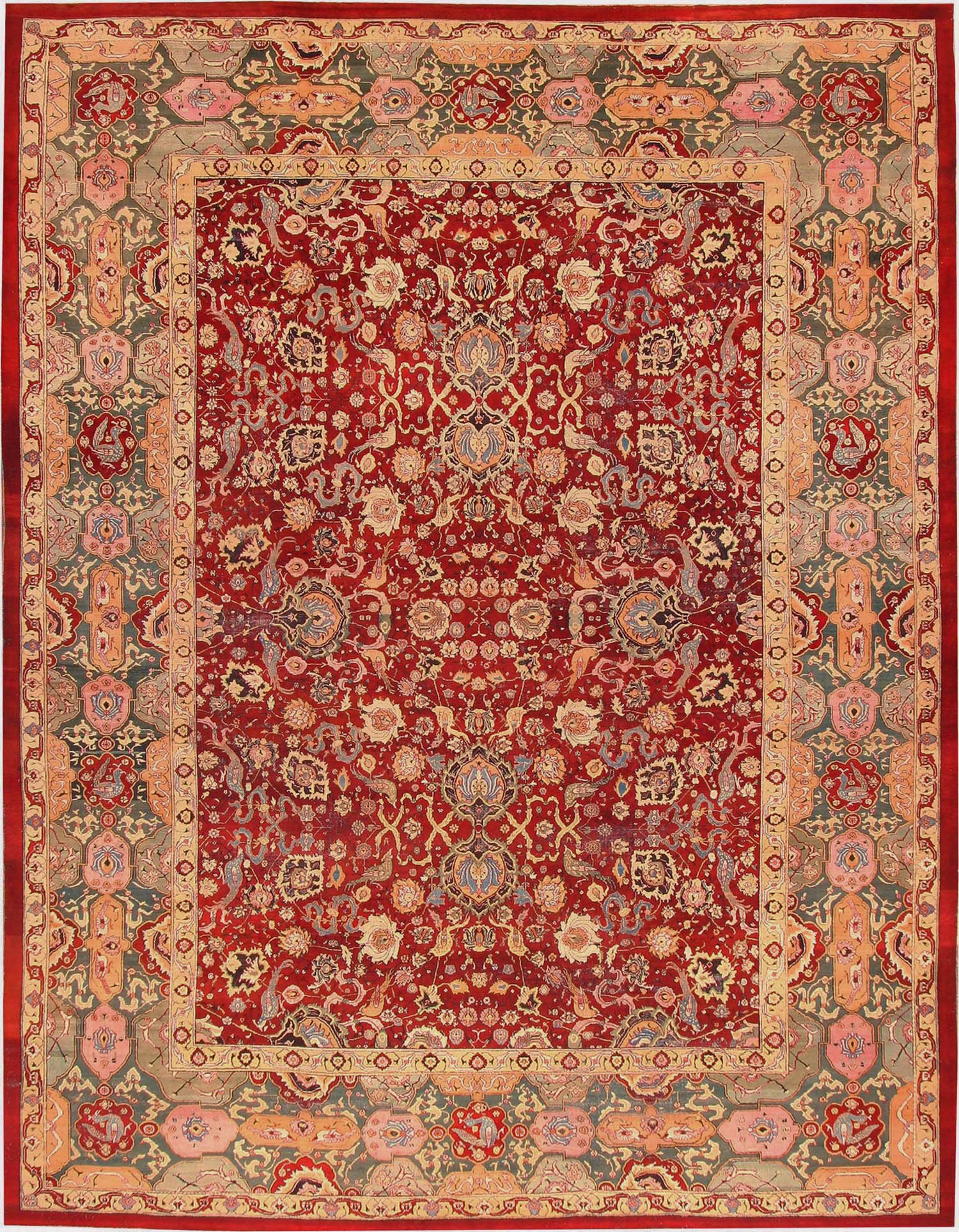 Large Red & Green Antique India Agra Rug 41269 Nazmiyal Rugs