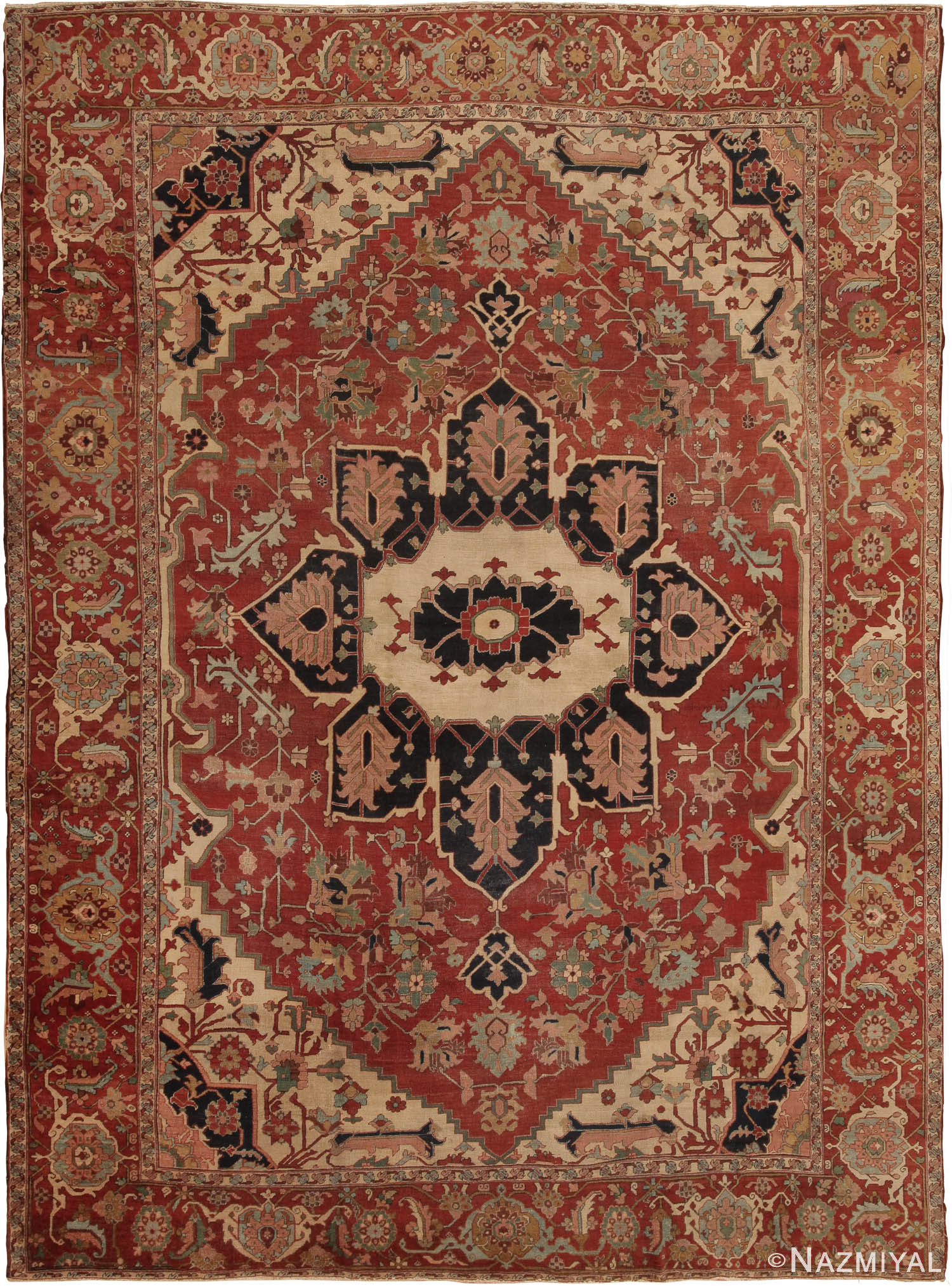 Geometric Antique Persian Heriz Serapi Medallion Rug 43728