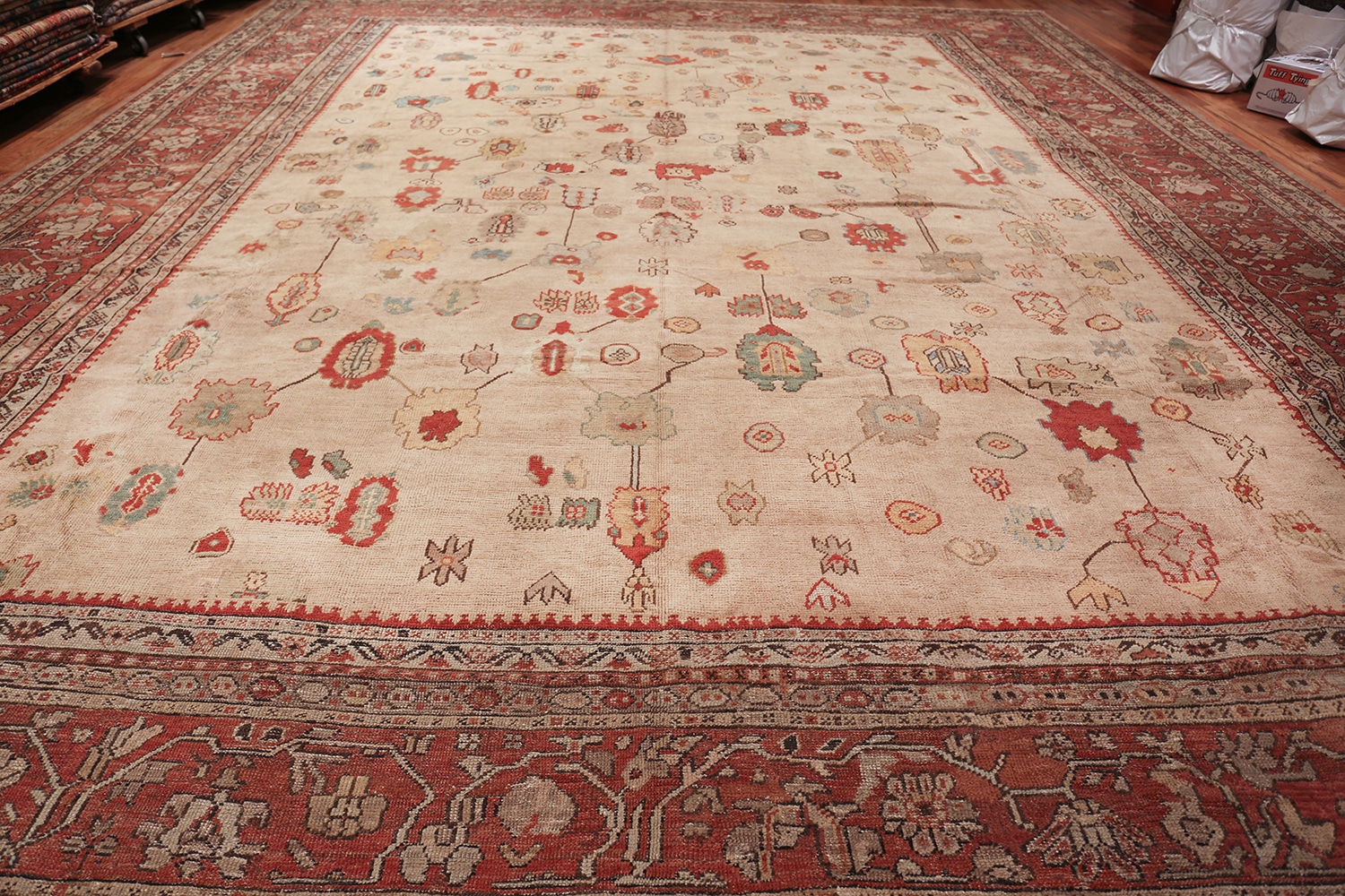 Large Ivory Antique Turkish Oushak Rug 49658 Nazmiyal