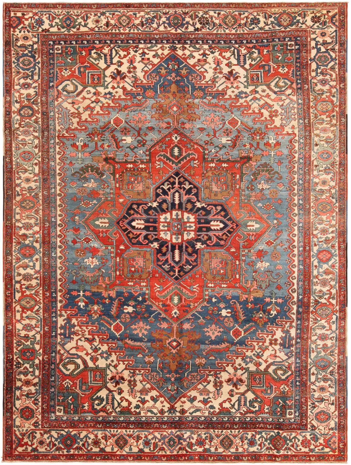 Antique Persian Heriz Rug in Faded Rust and Sky Blue with Medallion ...