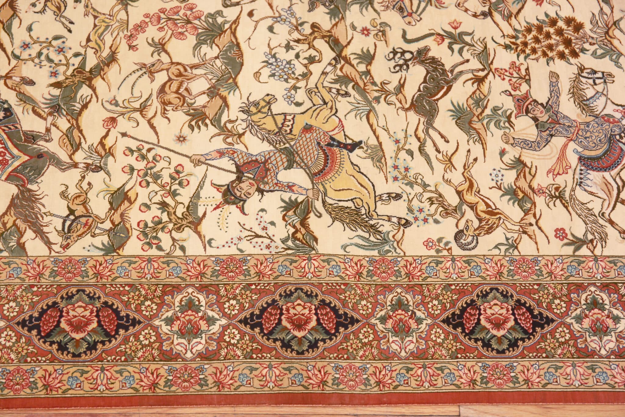 Artistic Hunting Design Luxurious Vintage Persian Silk Qum Rug