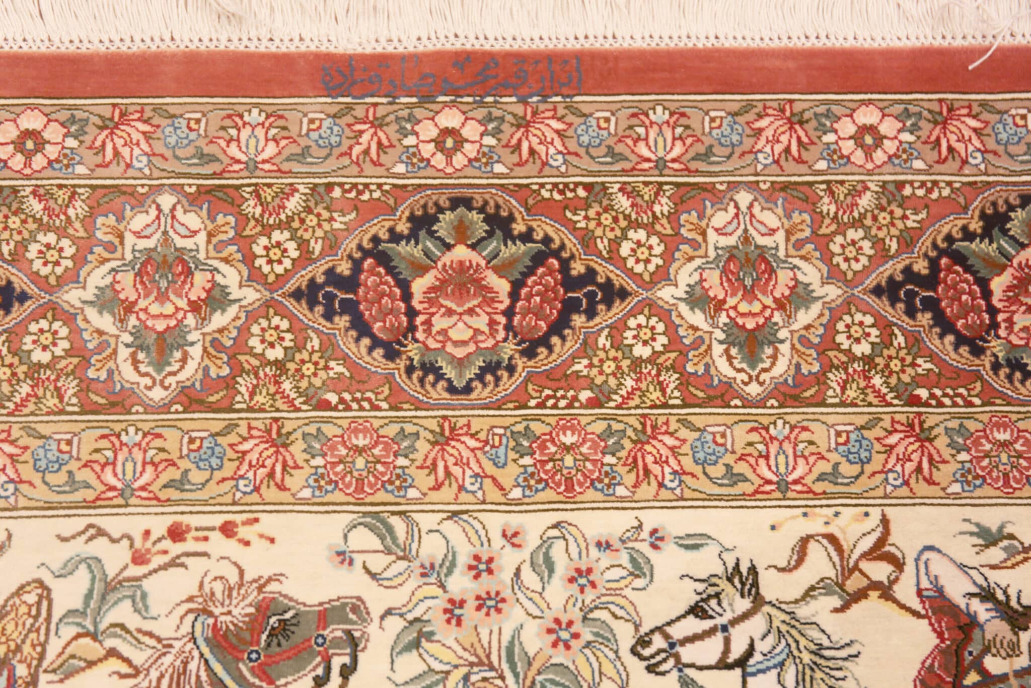Artistic Hunting Design Luxurious Vintage Persian Silk Qum Rug