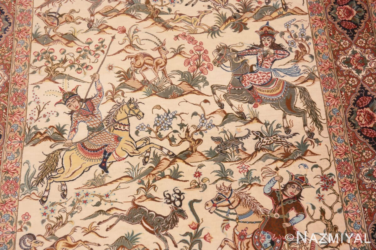 Artistic Hunting Design Luxurious Vintage Persian Silk Qum Rug