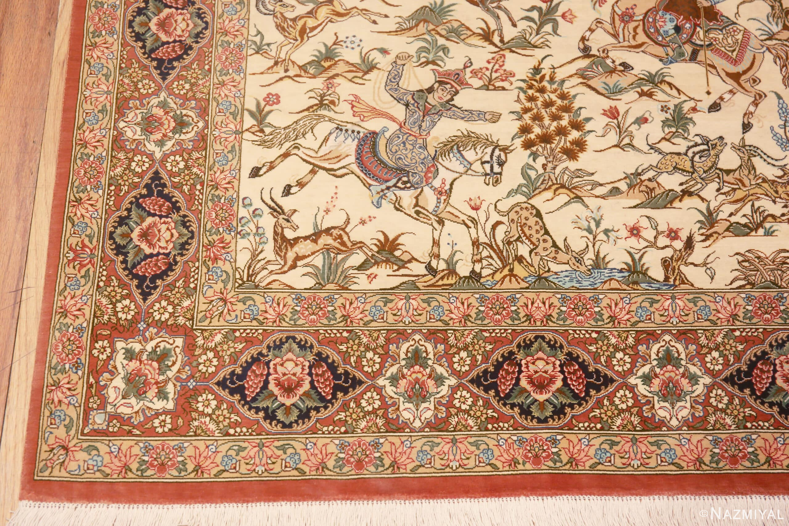 Artistic Hunting Design Luxurious Vintage Persian Silk Qum Rug