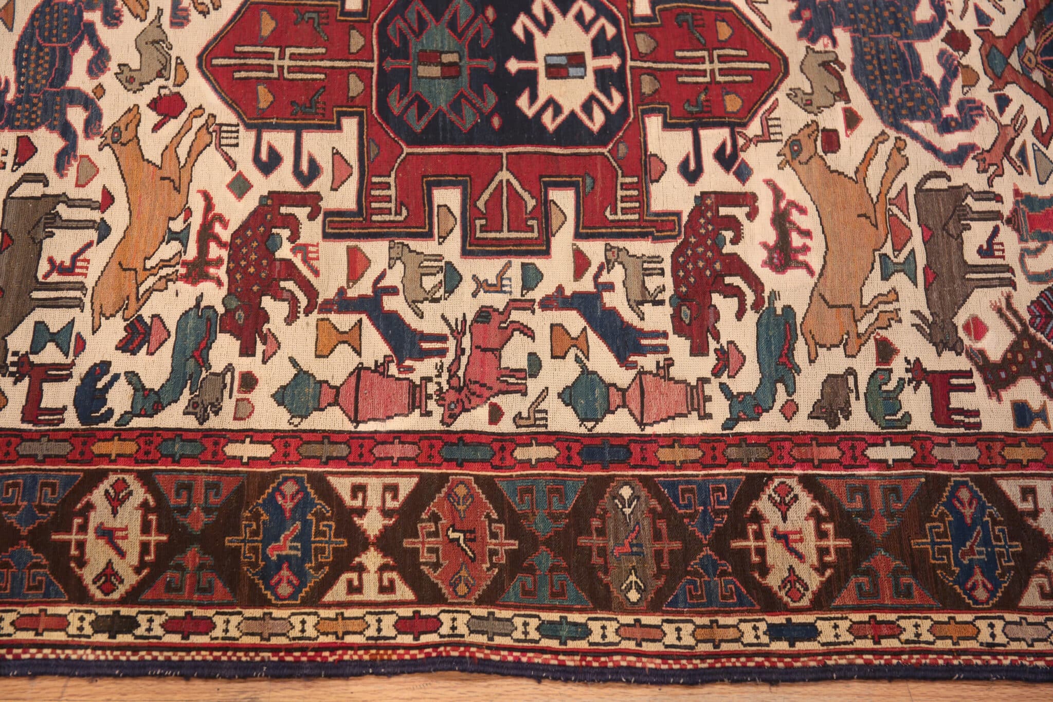 Silk Vintage Caucasian Soumak Animal Design Rug 72465