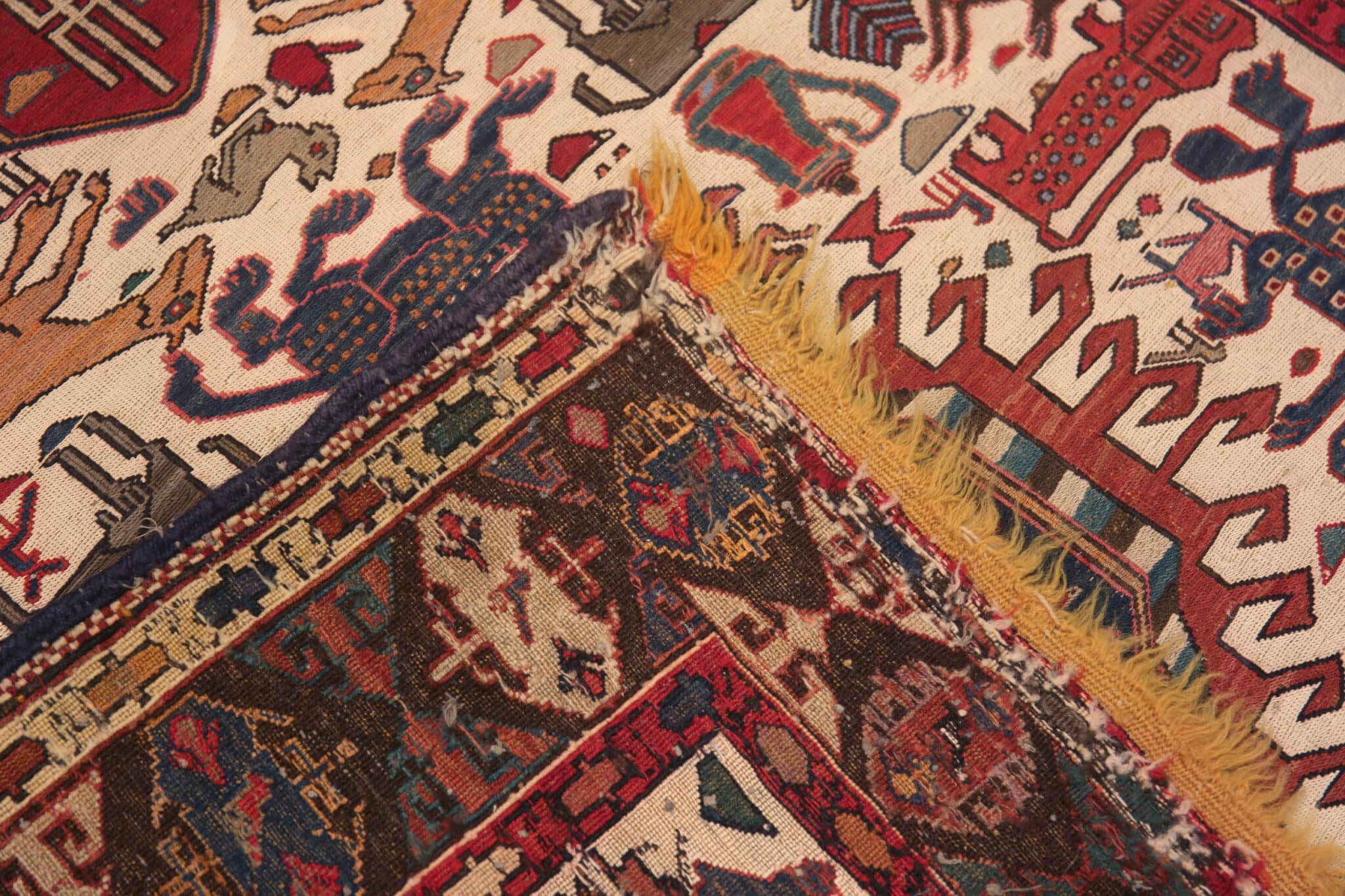 Silk Vintage Caucasian Soumak Animal Design Rug 72465