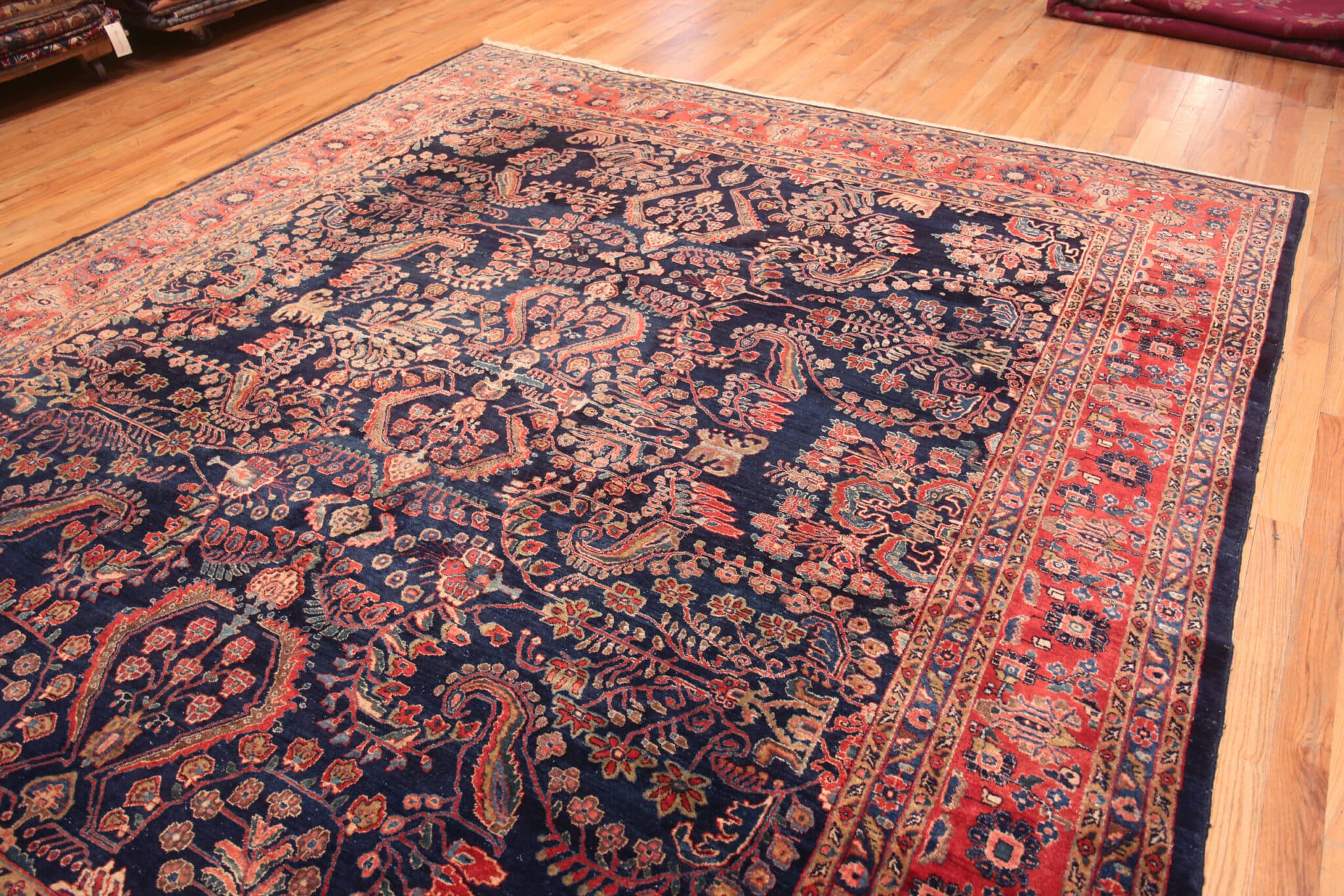 Floral Blue Antique Persian Sarouk Area Rug 72975 Nazmiyal Rugs