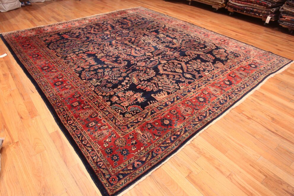 Floral Blue Antique Persian Sarouk Area Rug 72975 Nazmiyal Rugs