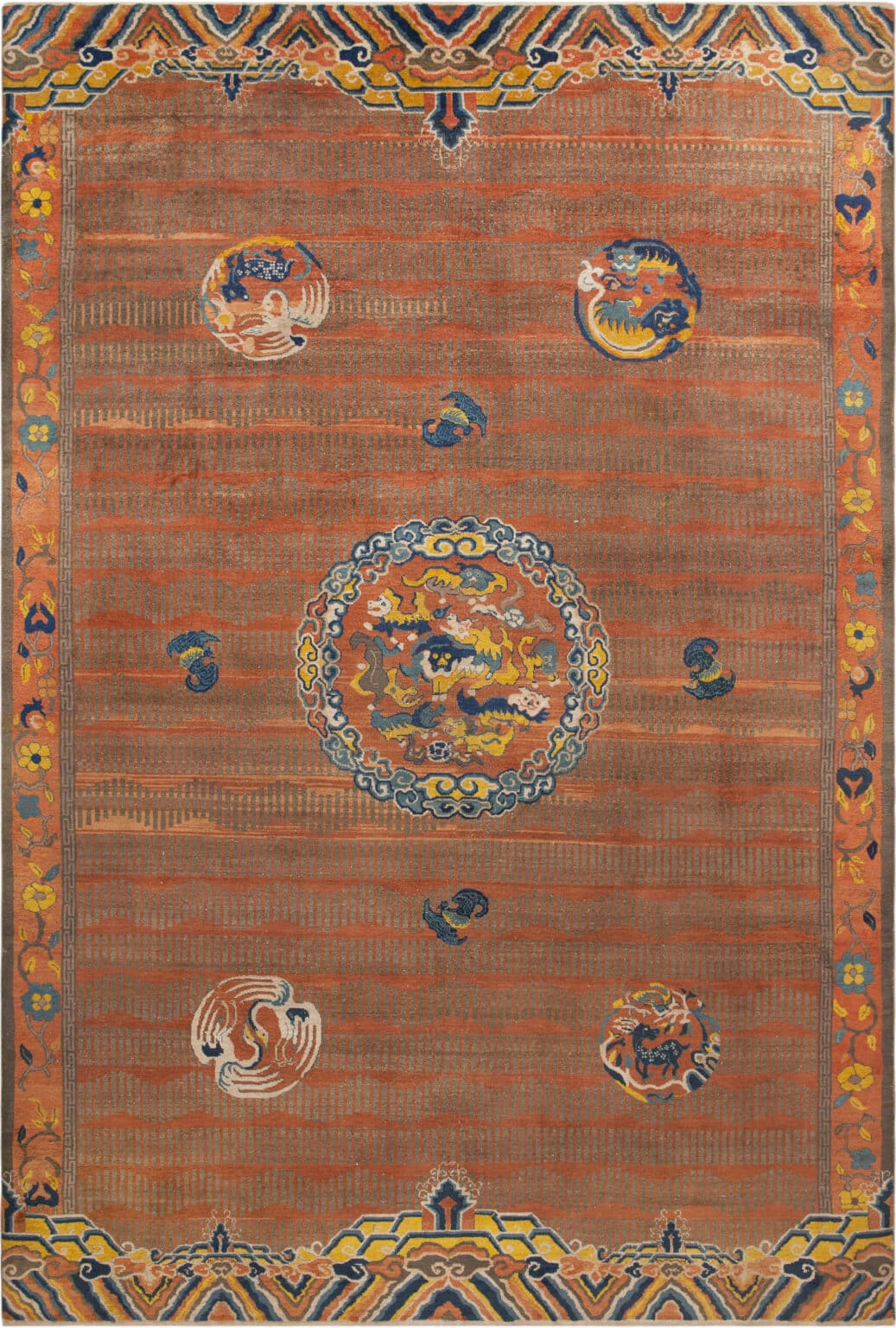 Culturally Rich Antique Chinese Fu Dog Dragon Rug 73399
