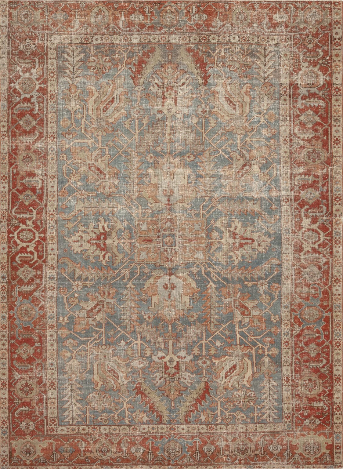 Antique Persian Heriz Rug in Faded Rust and Sky Blue with Medallion ...