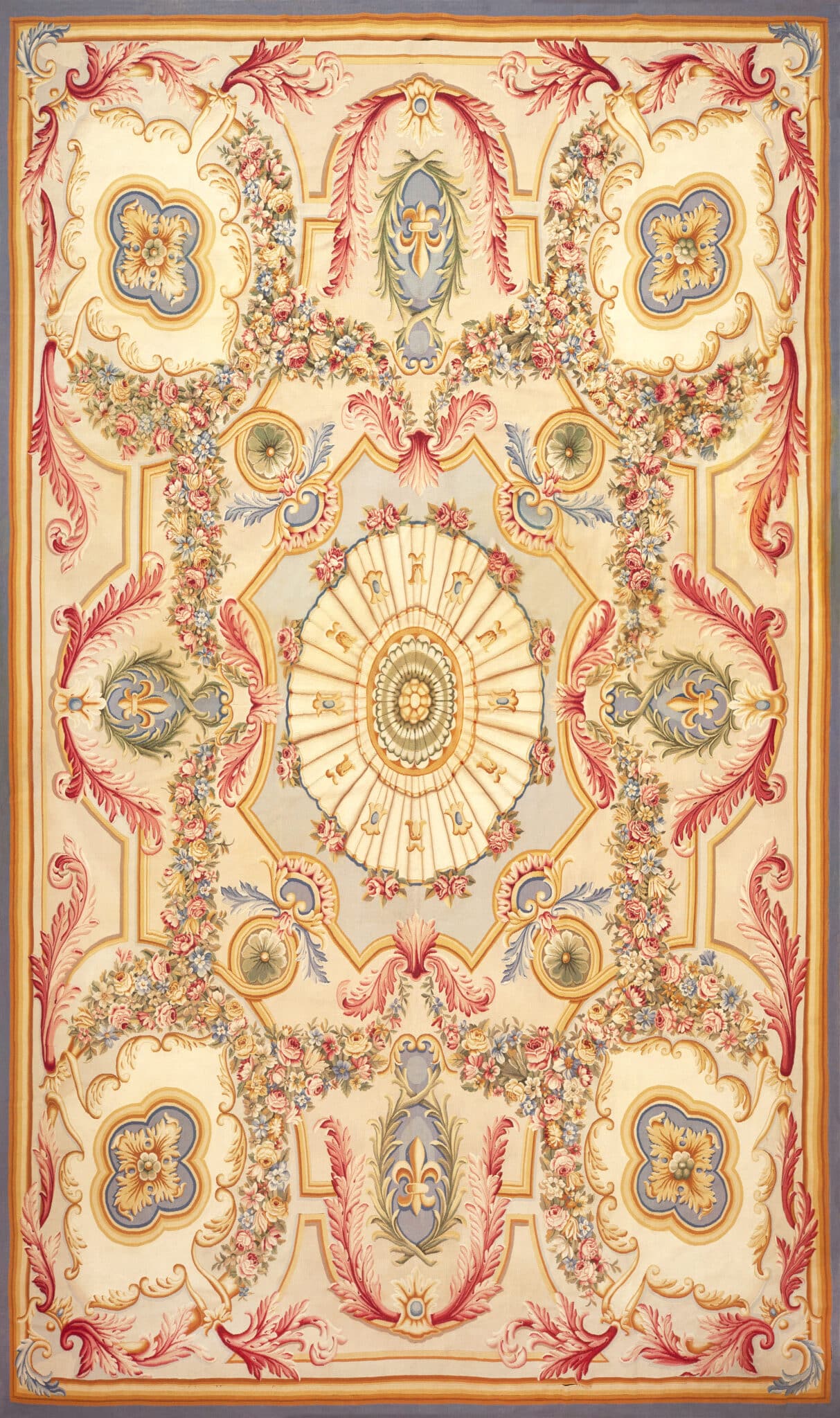 Antique French Aubusson Rug with Floral Garlands