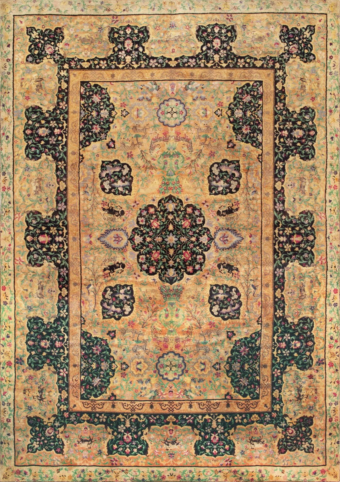 Antique Rug with Gilded Field Midnight Blossoms Hidden Birds