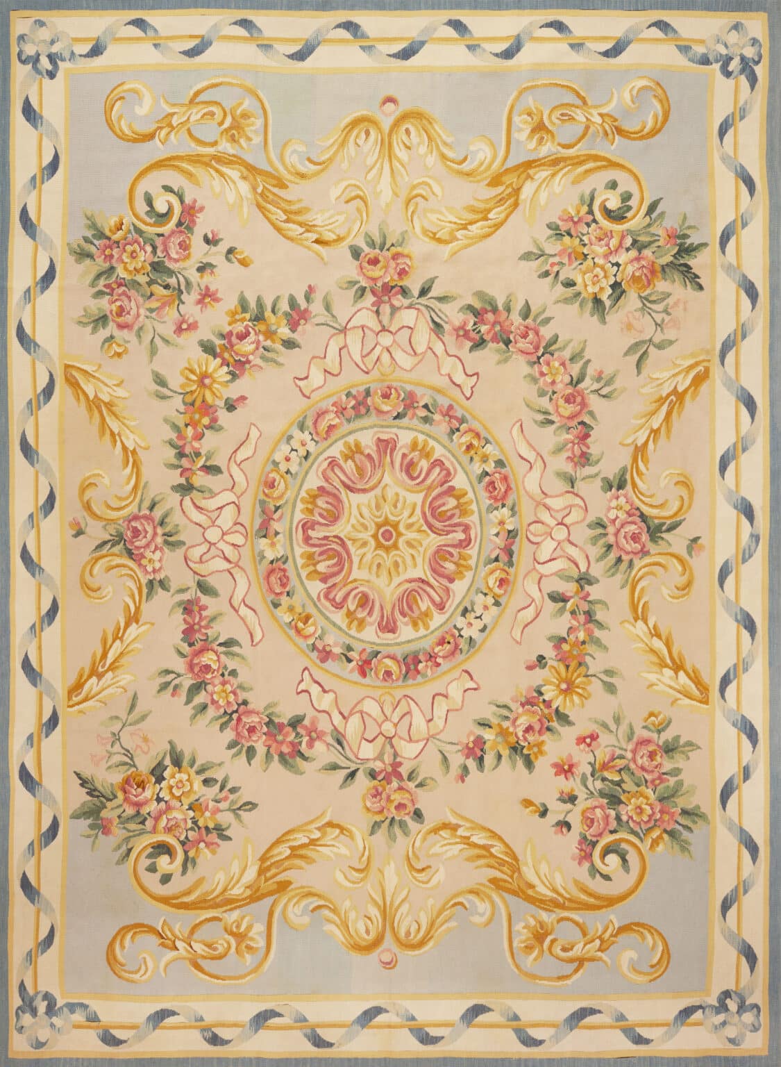 Antique French Aubusson Rug with Rococo Floral Wreaths