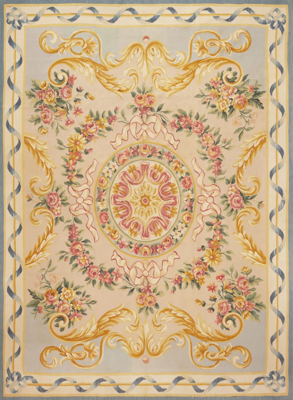 Antique French Aubusson Rug with Rococo Floral Wreaths