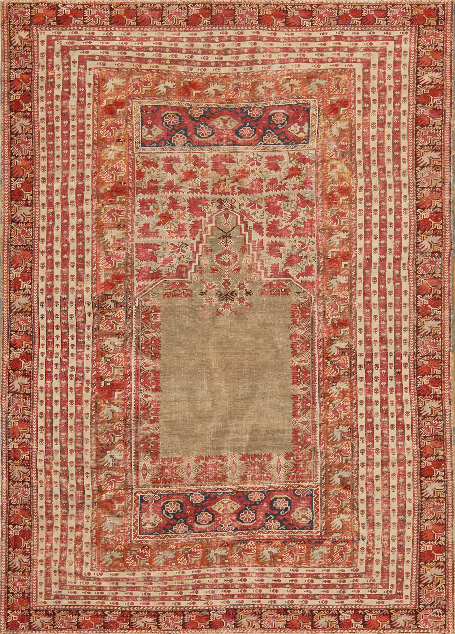 Antique Turkish Ghiordes Rug Prayer Design in Coral and Sand