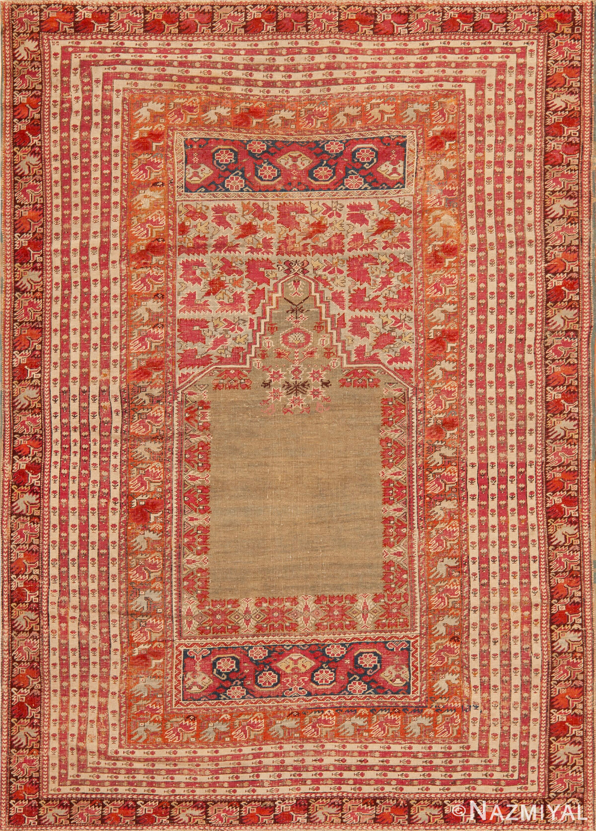 Antique Turkish Ghiordes Rug Prayer Design in Coral and Sand